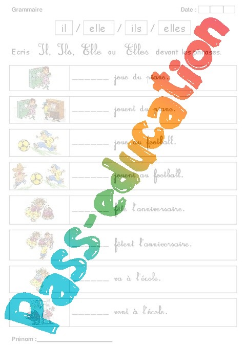 Il, elle - Ils ou elles - Exercices - Grammaire : 1ere Primaire - Pass ...
