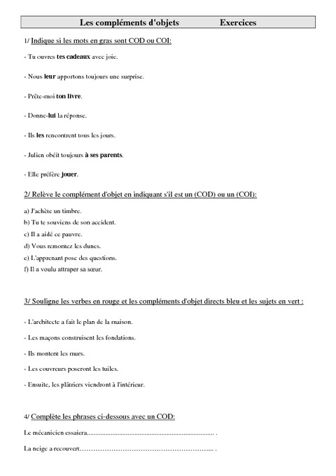 Compléments d’objet – COD – COI – Ce2 – Exercices - Pass Education