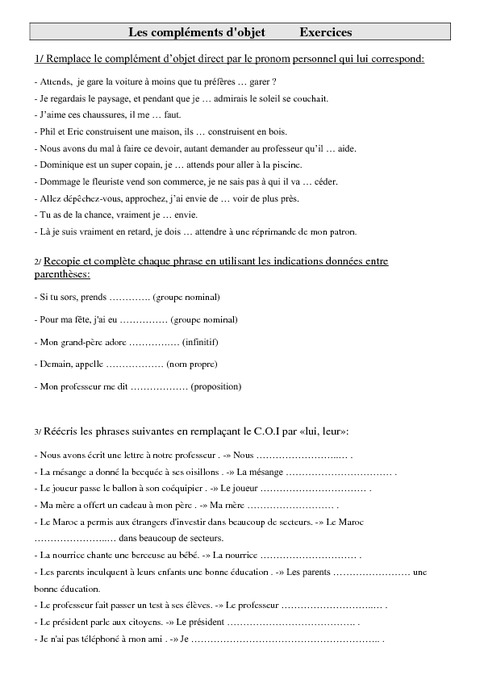 Complément d'objet direct - indirect - COD - COI - Cm2 - Exercices ...
