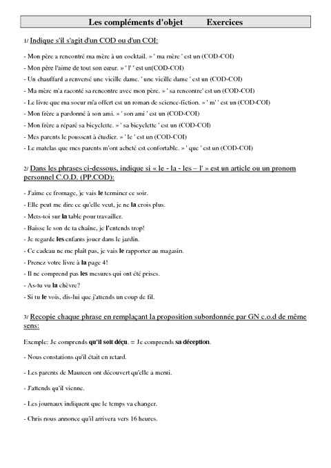Complément d'objet direct - indirect - COD - COI - Cm2 - Exercices ...