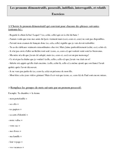 Pronoms démonstratifs, possessifs, indéfinis, interrogatifs, et ...