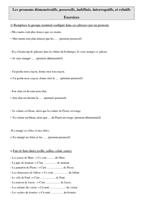 Pronoms démonstratifs, possessifs, indéfinis, interrogatifs, et ...