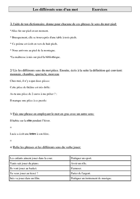 Différents Sens Dun Mot Ce2 Exercices Vocabulaire Cycle 3