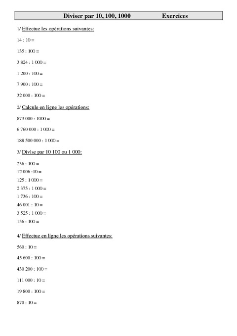 Diviser par 10, 100, 1000 - Cm1 - Exercices - Calculs - Mathématiques - Cycle 3 - Pass Education
