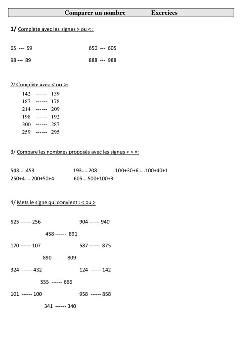 Comparer un nombre – Ce2 – Exercices à imprimer - Pass Education