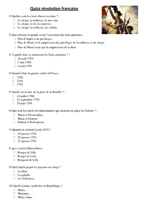 Quizz sur la révolution française - Exercices - Les Temps Modernes ...
