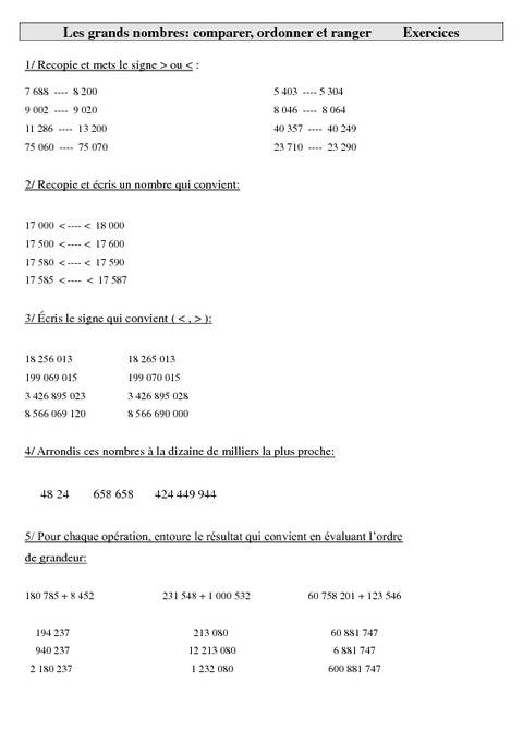 Grands nombres - comparer, ordonner et ranger – Cm2 – Exercices ...