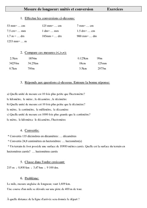 Mesures de longueur - unités et conversion – Cm2 – Exercices – Mesures ...