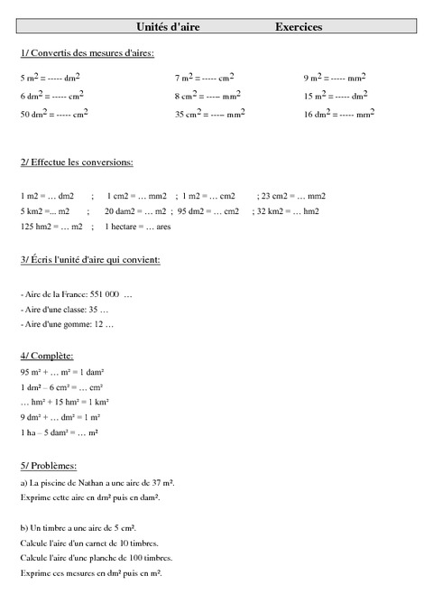 Unités d'aire – Cm2 – Exercices – Mesures – Cycle 3 - Pass Education