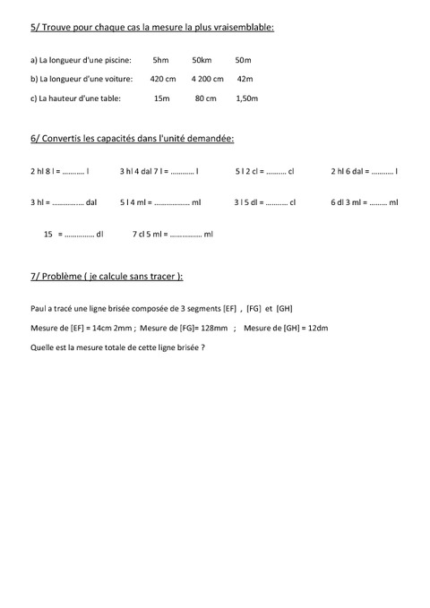 Mesure de longueur - Unités et conversion – Cm1 – Exercices – Mesures ...