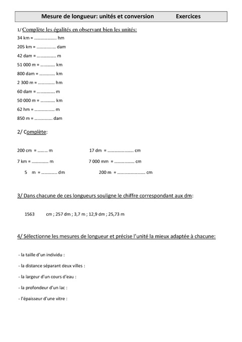 Mesure de longueur - Unités et conversion – Cm1 – Exercices – Mesures ...