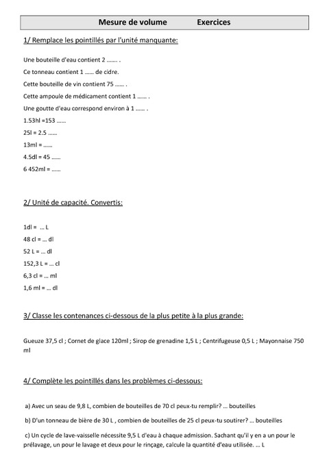 Mesures de volume - Cm1 - Exercices - Mesures - Cycle 3 - Pass Education
