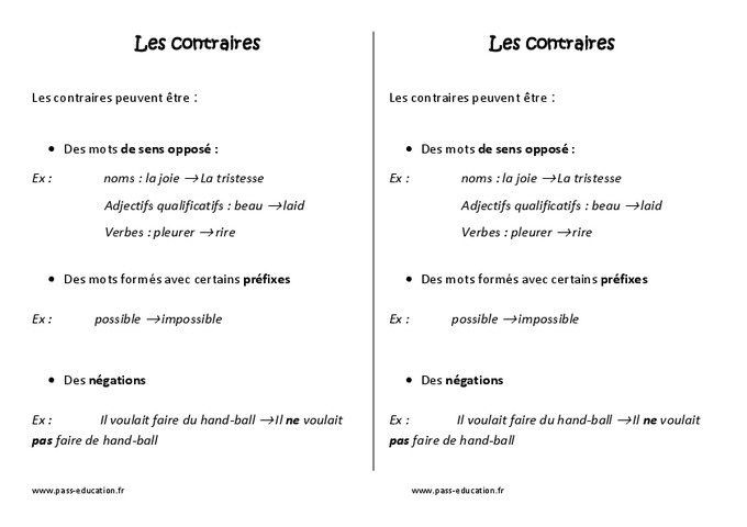 Contraires – Leçon – Ce2 – Vocabulaire – Cycle 3 - Pass Education