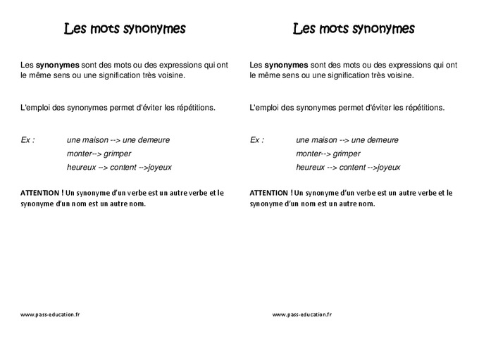 Synonymes - Leçon – Ce2 - Pass Education Synonymes - Leçon – Ce2 - Pass Education