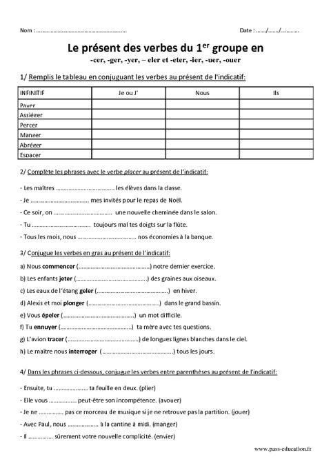 Verbes en -cer, -ger, -yer, – eler et -eter, -ier, -uer, -ouer ...