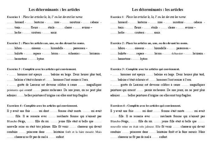 Déterminants - Articles - Ce2 - Exercices à imprimer - Pass Education