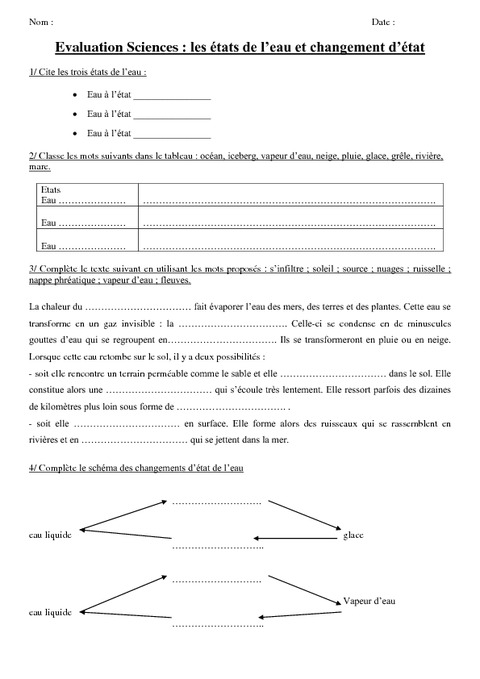 Etats de l’eau et changement d’état - Ce2 - Evaluation - Pass Education
