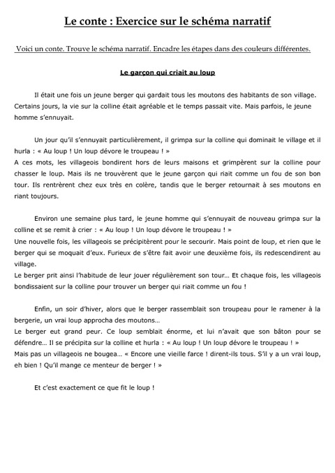 Lecture - Exercice: Le schéma narratif - Le garçon qui criait au loup ...
