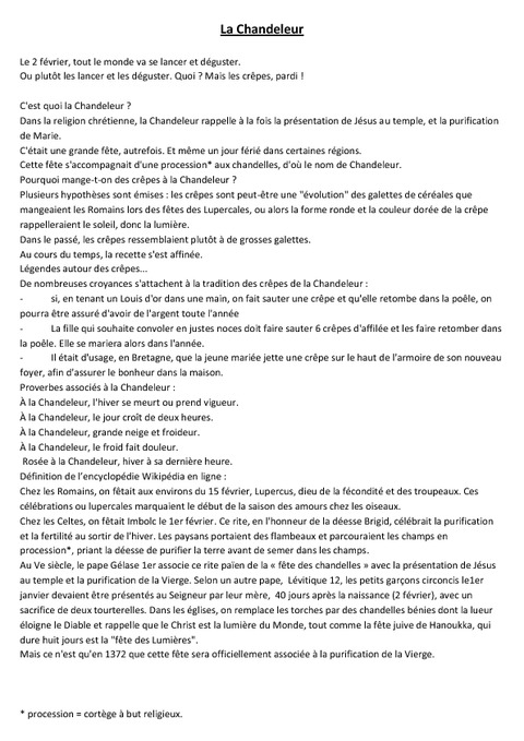 Chandeleur - Cm1 - Cm2 - Lecture - Texte informatif - Documentaire ...