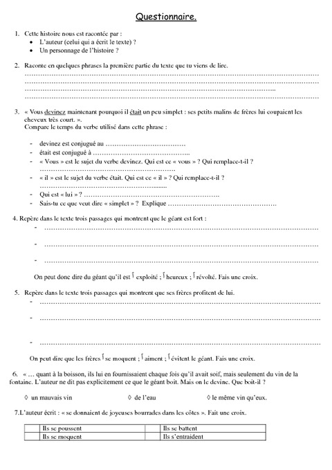 Questions puis tâche d'écriture - Cm1 - Cm2 - Lecture - Récit - Cycle 3 ...