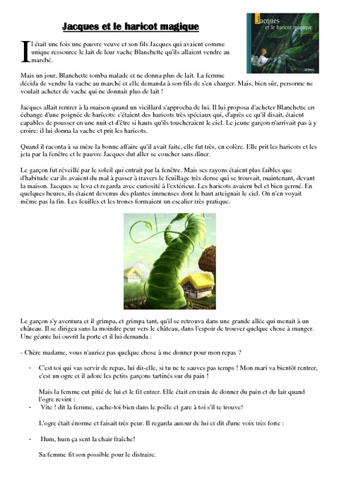 Jacques et le haricot magique – Cm1 – Cm2 – Lecture – Compréhension ...