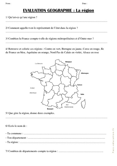 Régions - Ce2 - Evaluation - Pass Education