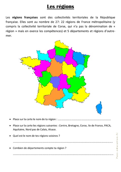 Les régions - Ce2 - Exercices géographie - Pass Education
