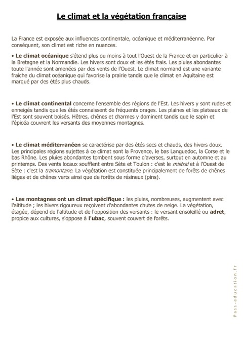 Le climat et la végétation française - Cm1 cm2 - Leçon - Pass Education