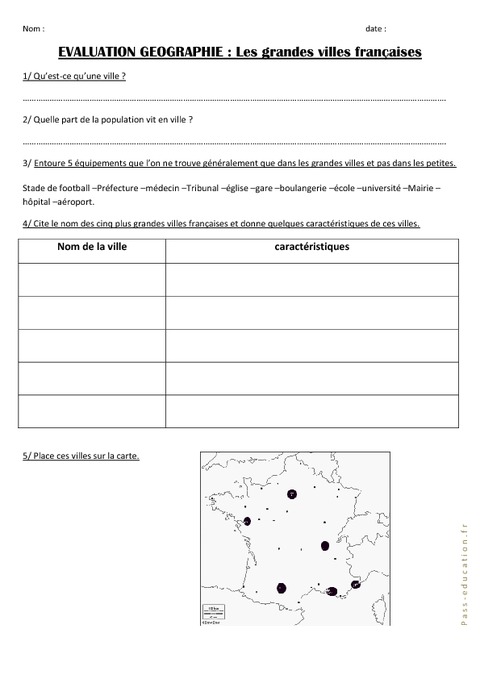 Grandes villes françaises - Cm1 Cm2 - Evaluation - Pass Education