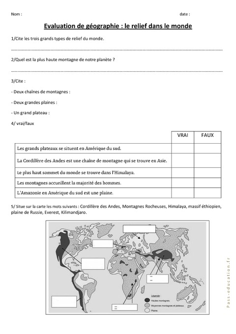 Reliefs dans le monde - Cm1 Cm2 - Evaluation - Pass Education