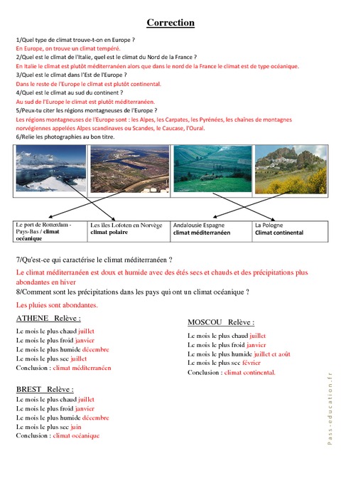 Le climat européen - Cm1 cm2 - Exercices géographie cycle 3 - Pass ...