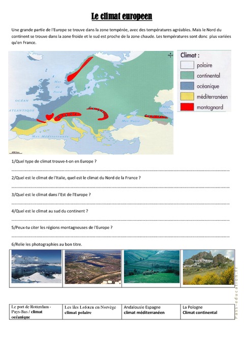 Le climat européen - Cm1 cm2 - Exercices géographie cycle 3 - Pass ...