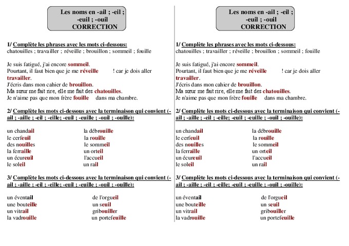 -ail -eil -euil – ouil – Ce1 – Exercices 2 – Orthographe – Cycle 2 ...