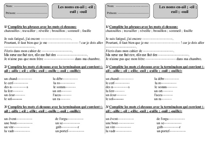 -ail -eil -euil – ouil – Ce1 – Exercices 2 – Orthographe – Cycle 2 ...