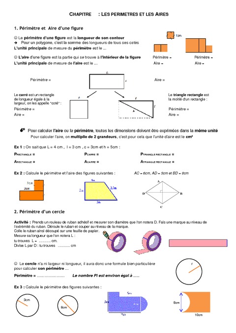 Aire - Périmètre – 6ème – Grandeurs et Mesures – Exercices – Contrôle ...