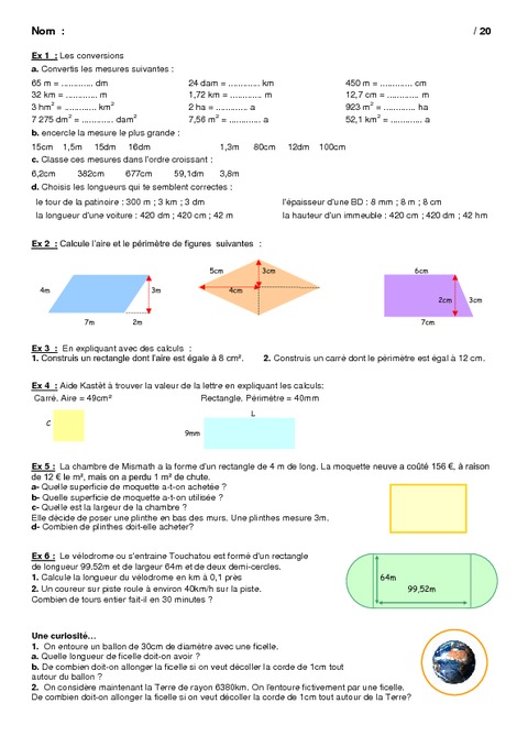 Aire - Périmètre – 6ème – Grandeurs et Mesures – Exercices – Contrôle ...