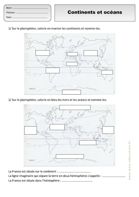 Continents - Océans – Ce1 – Exercices – Espace temps – Cycle 2 - Pass ...