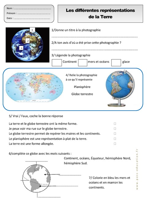 Différentes représentations de la terre – Ce1 – Exercices – Espace ...