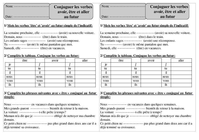 Futur - Etre, avoir, aller – Ce1 – Conjugaison – Exercices corrigés ...