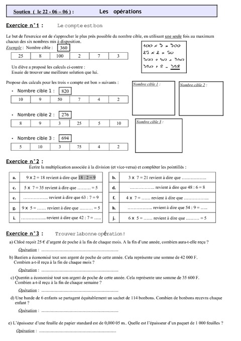 Addition, soustraction, multiplication - 6ème - Exercices - Soutien ...
