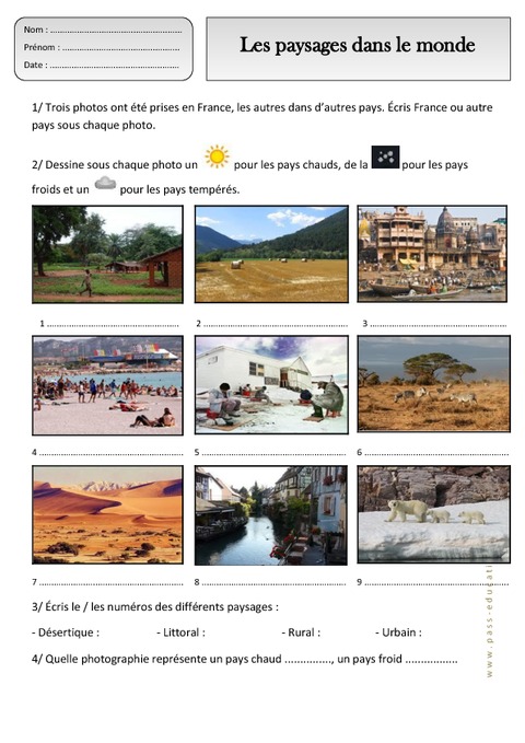 Paysages du monde - Ce1 – Exercices – Espace temps – Cycle 2 - Pass Education