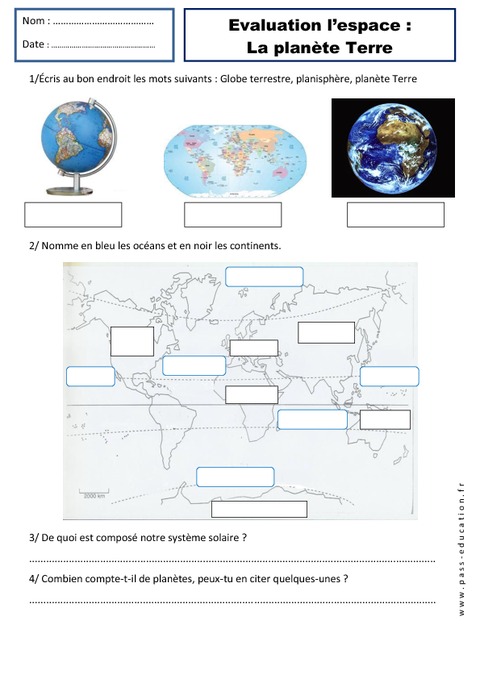 Planète Terre – Ce1 – Evaluation – Espace temps – Cycle 2 - Pass Education