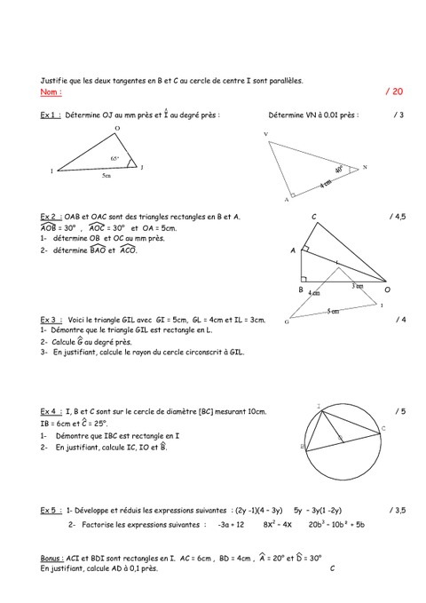 Trigonométrie: Cosinus, Sinus, Tangente - Angles – 4ème – Géométrie – Exercices – Contrôle ...