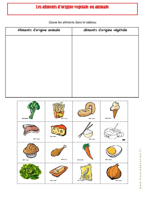 Aliments d'origine animale - végétale - Ce1 - Exercices - Alimentation ...