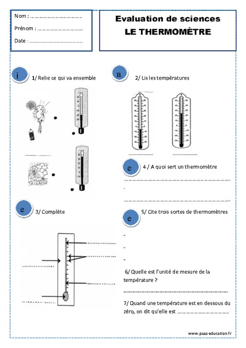 Thermomètre – Ce1 – Evaluation - Pass Education