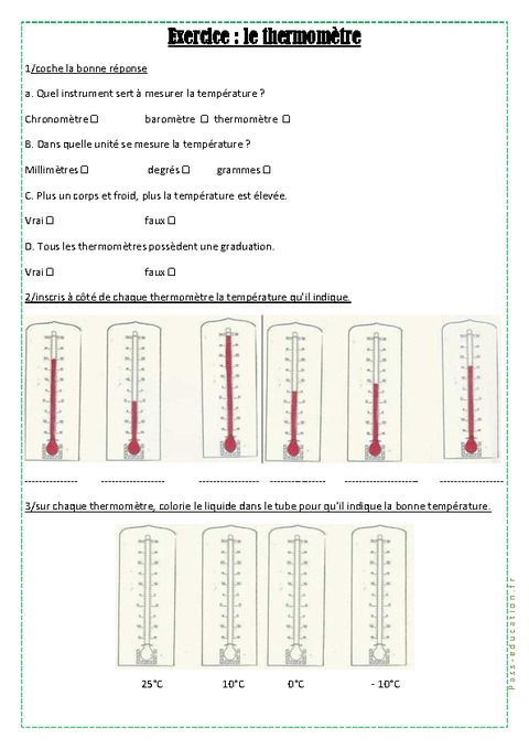 Fiche d'exercices: Le thermomètre – Ce1 – La matière – Sciences – Cycle ...