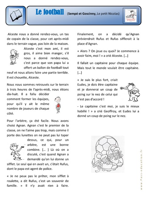 Le football - Le petit Nicolas – Ce2 – Exercices - Lecture – Récit ...
