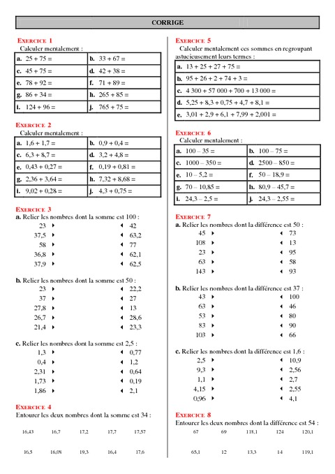 Addition - Soustraction - 6ème - Exercices - Calculs - Correction ...