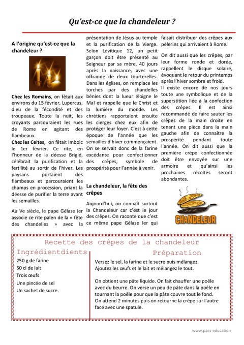 Chandeleur - Texte documentaire - Lecture - Compréhension - Cycle 2 ...