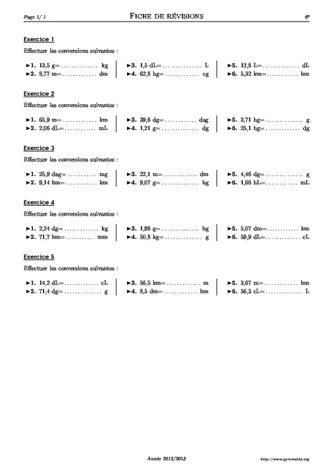 Conversions unités - 6ème – Exercices corrigés – Mathématiques ...